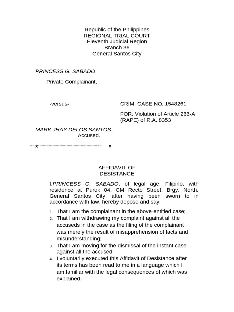 Affidavit of Desistance by Princess Sabado | PDF
