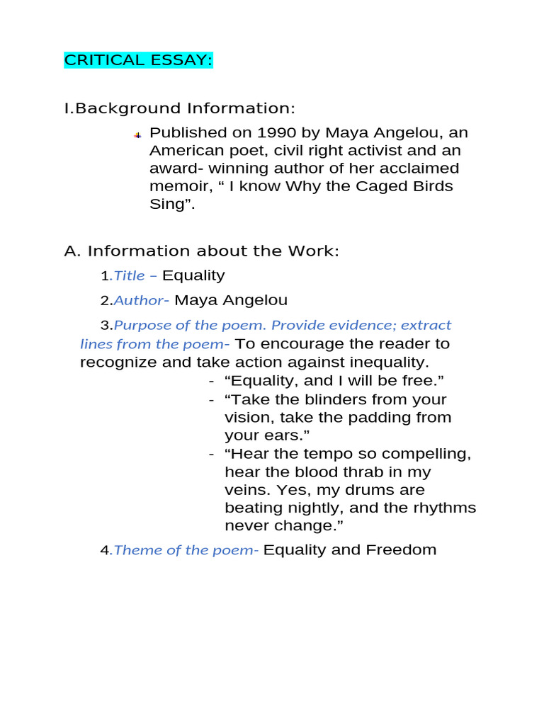 Maya Angelou's "Equality": A Critical Analysis | PDF