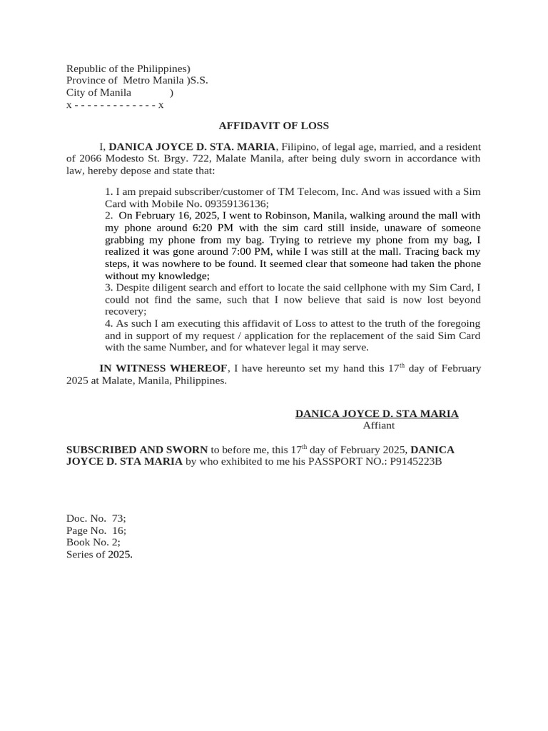 Affidavit of Loss for TM Sim Card | PDF