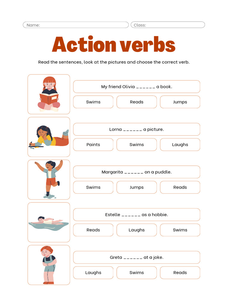 Orange Simple Illustrative Action Verbs Worksheet PDF | PDF