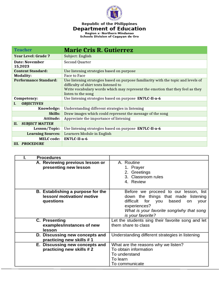 COT-2-Use Listening Strategies | PDF | Learning | Behavior Modification
