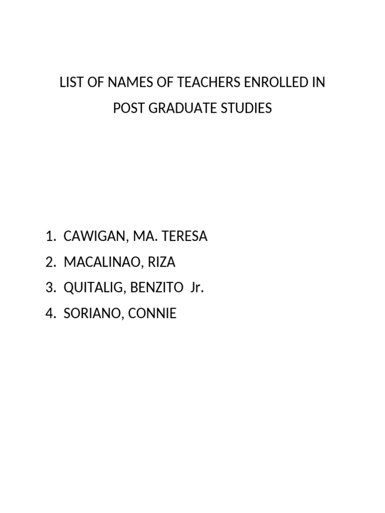 List of Names of Teachers Enrolled in Post Graduate Studies | PDF