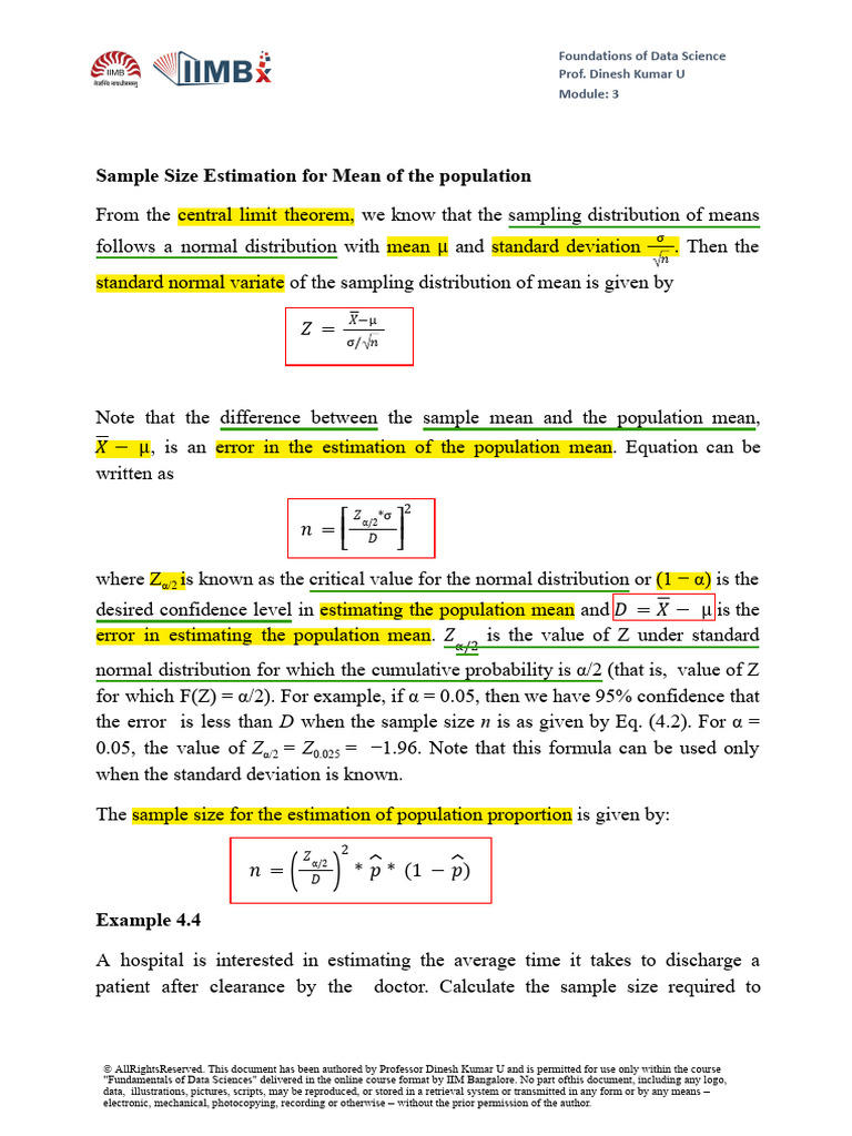 382 Sample Size Estimation for Pop Mean | PDF | Normal Distribution | Sample Size Determination