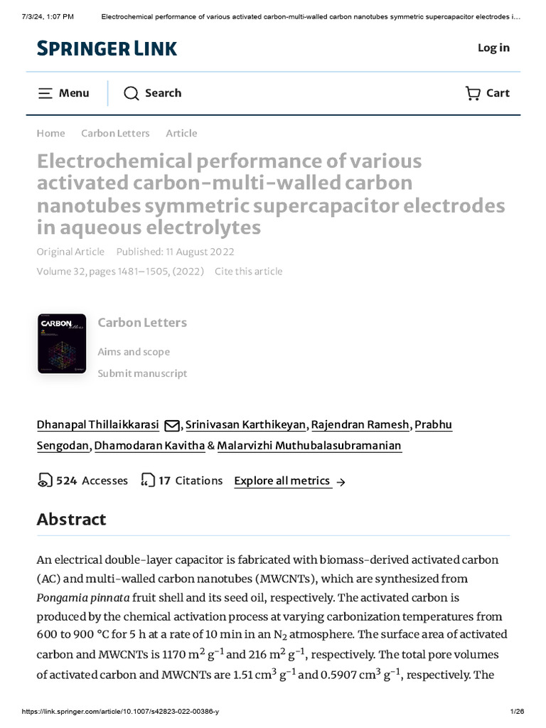 Electrochemical Performance of Various Activated Carbon-Multi-Walled Carbon Nanotubes Symmetric ...