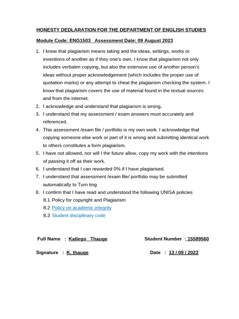 Assignment 2 Eng1503 Katlego THAUGE | PDF | Plagiarism | Critical Thinking