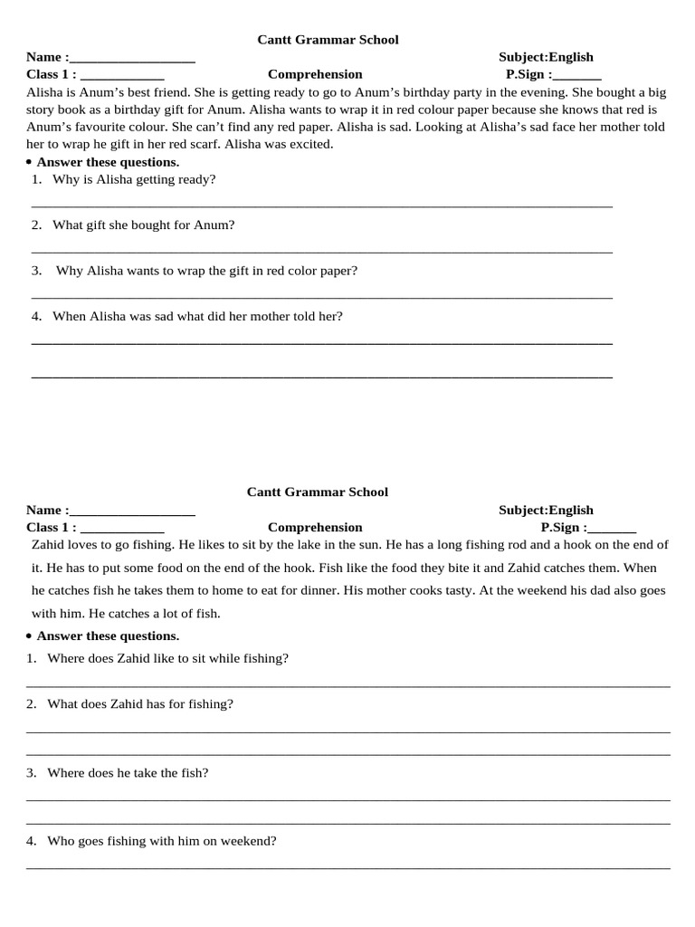 Class 1 English Comprehension Passages | PDF