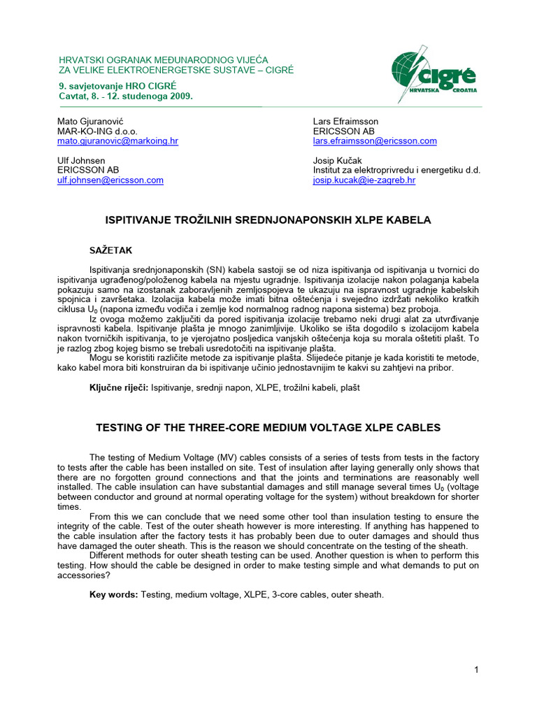 CIGRE - CAVTAT 2009 - B1 - 19396 - Ispitivanje Trožilnih Srednjonaponskih XLPE Kabela - REFERAT ...