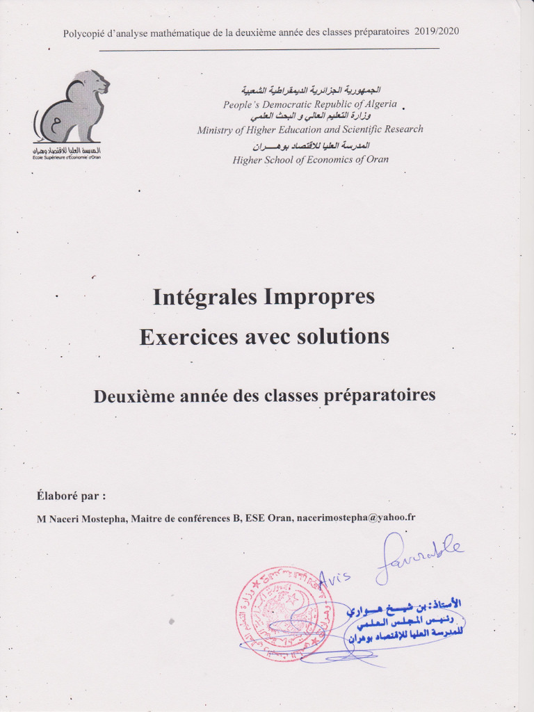 Exercices sur les Intégrales Impropres | PDF | Limite (mathématiques ...