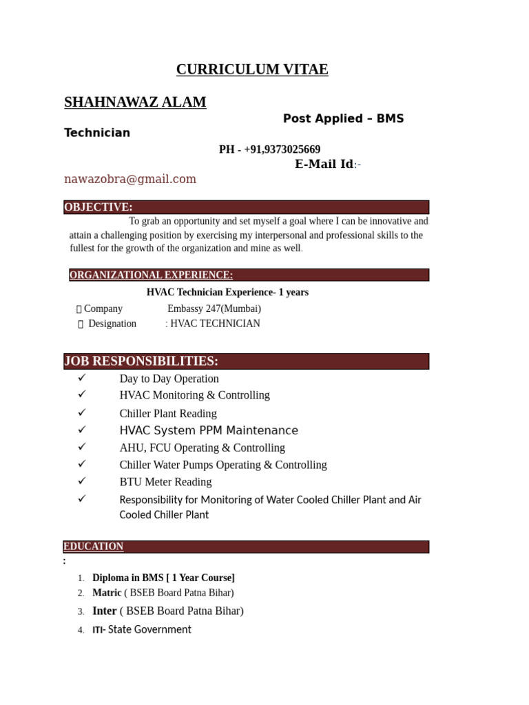 BMS Technician CV of Shahnawaz Alam | PDF