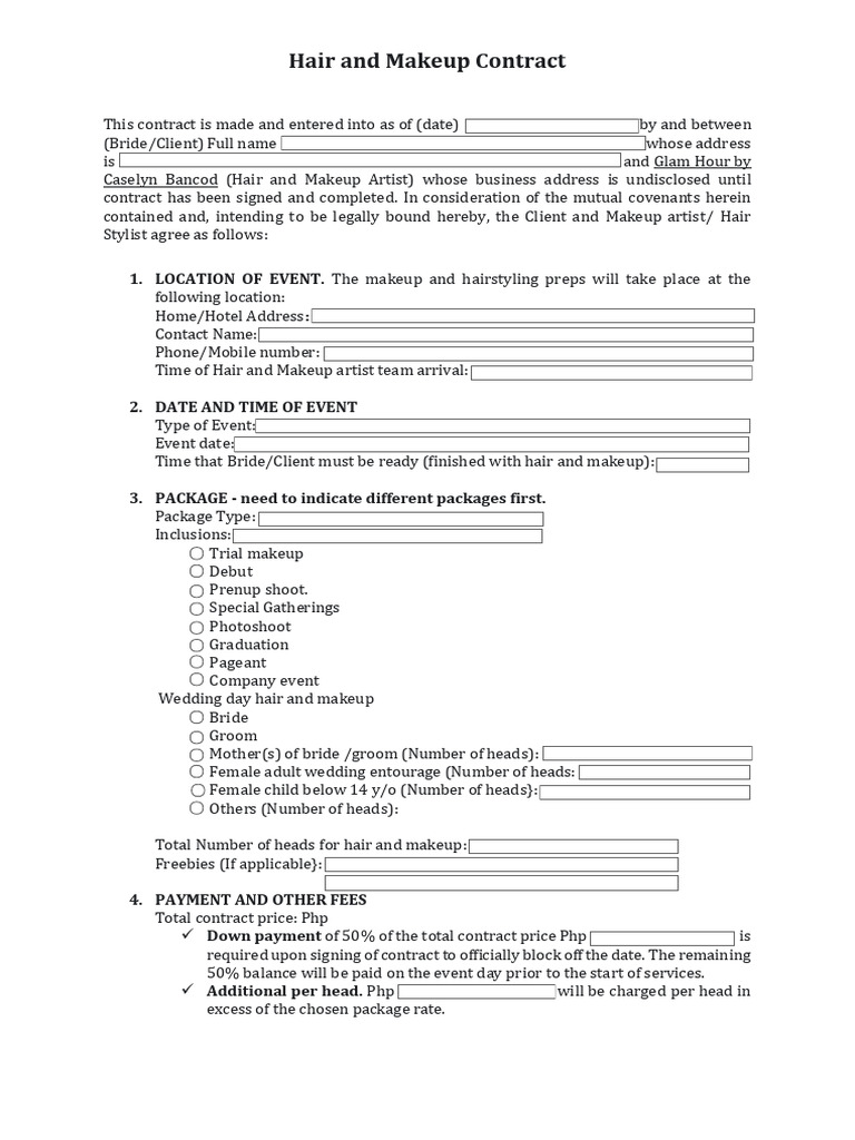 Hair and Makeup Service Contract | PDF | Fee