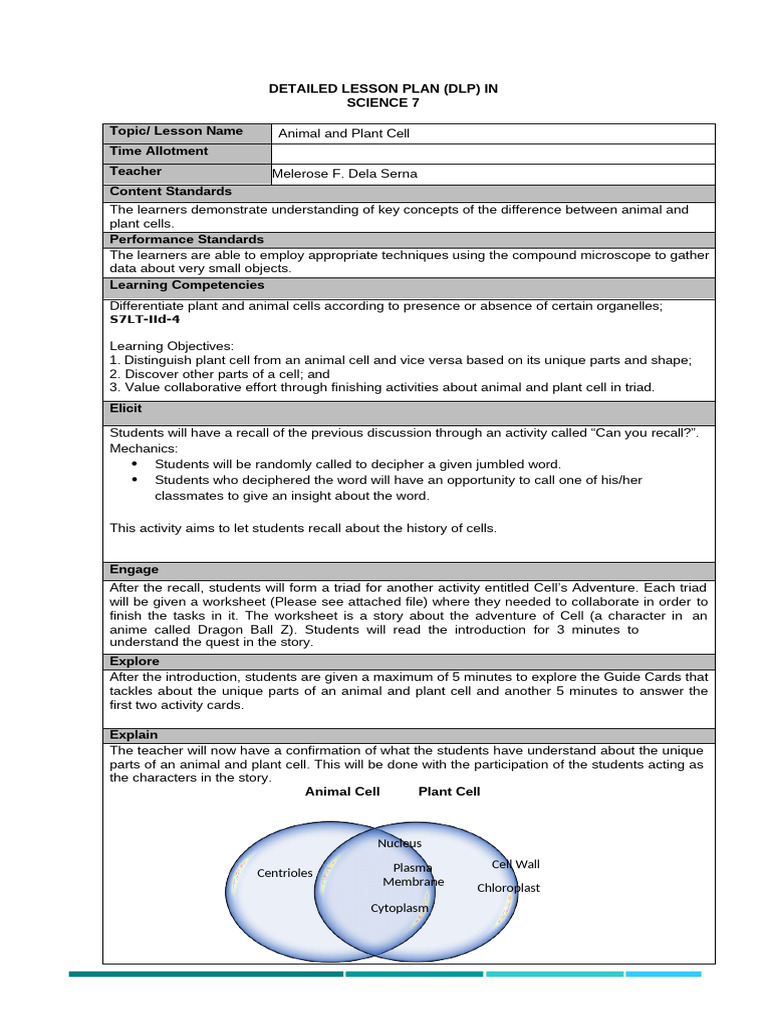 Plant vs. Animal Cells Lesson Plan | PDF | Cell (Biology) | Learning