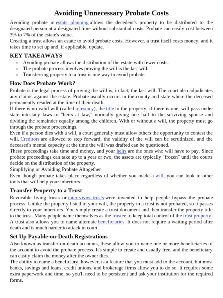 Avoiding Unnecessary Probate Costs | PDF | Probate | Will And Testament