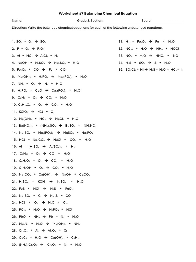 Worksheet On Balancing Chemical Equations | PDF | Chemical Compounds ...