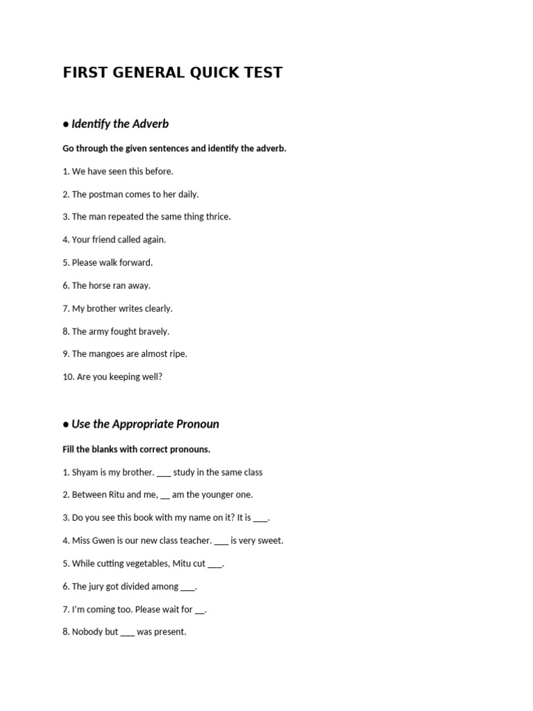 Adverb Identification and Usage Test | PDF | Word | Verb
