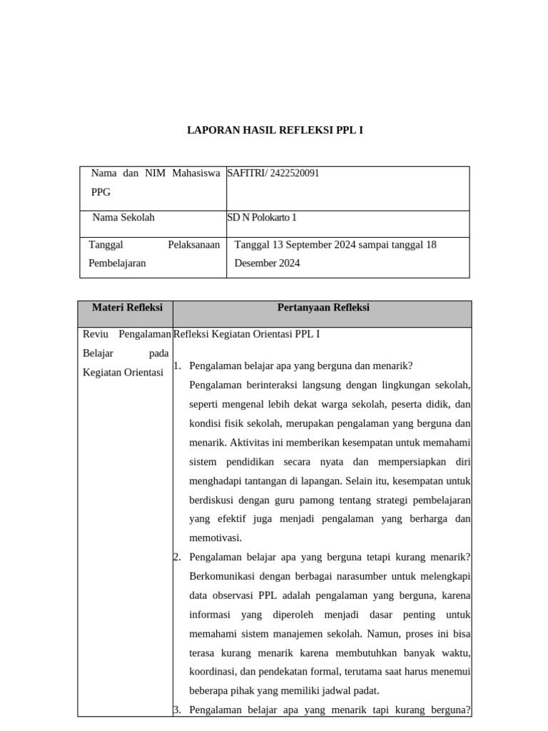01.05.6-B5-3 Unggah LK 6 - Laporan Hasil Refleksi PPL 1 | PDF