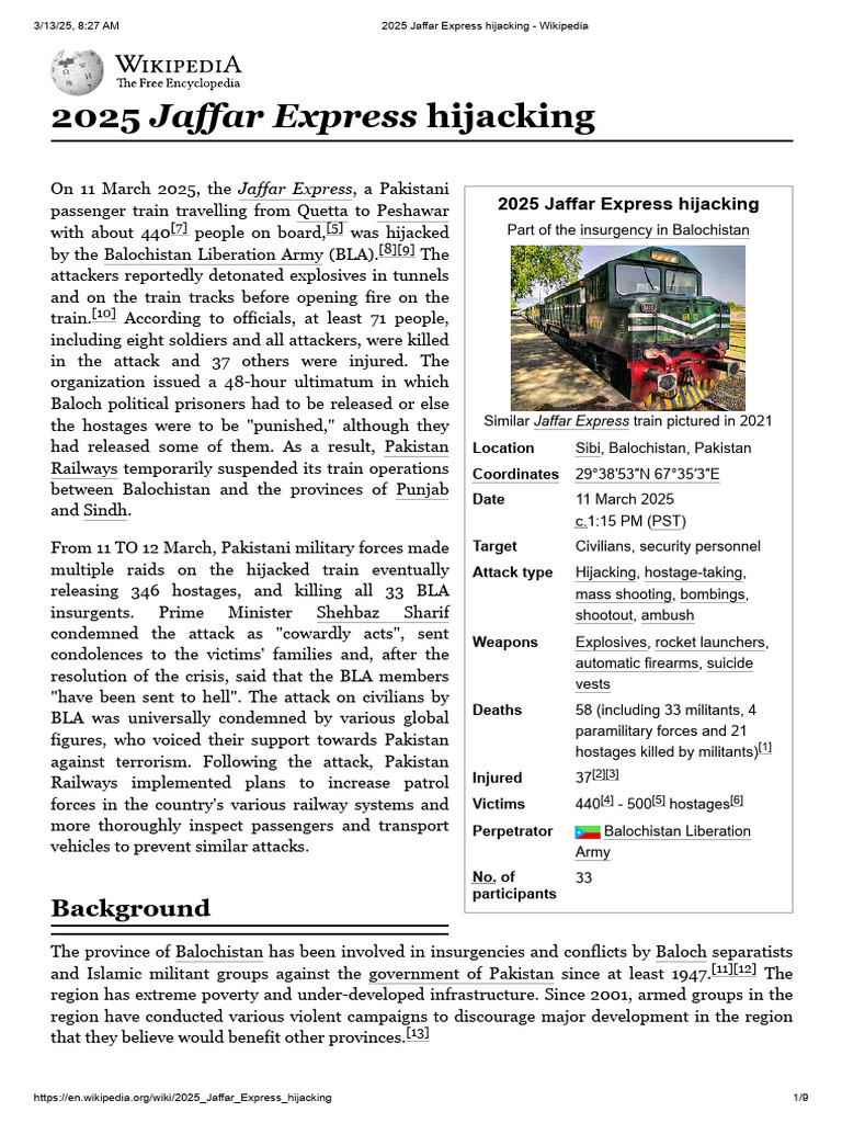 2025 Jaffar Express Hijacking - Wikipedia | PDF | Guerrilla Warfare