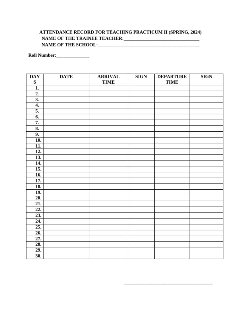 Attendance Record for Teaching Practicum II | PDF
