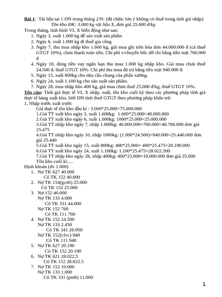 5. BT Kế Toán QT Sản Xuất | PDF