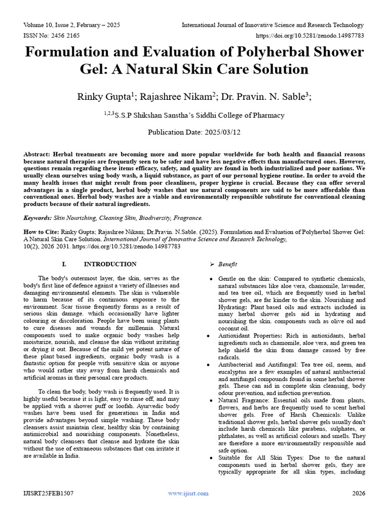 Formulation and Evaluation of Polyherbal Shower Gel: A Natural Skin ...