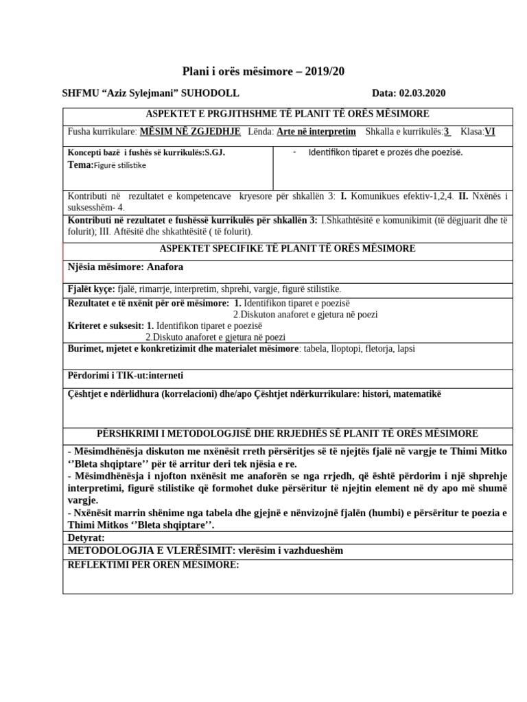 Plani I Orës Mësimore M.Z | PDF