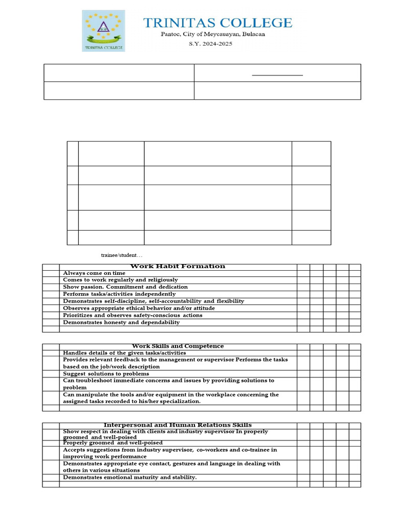 Work Immersion Evaluation Form | PDF | Behavioural Sciences | Psychological Concepts