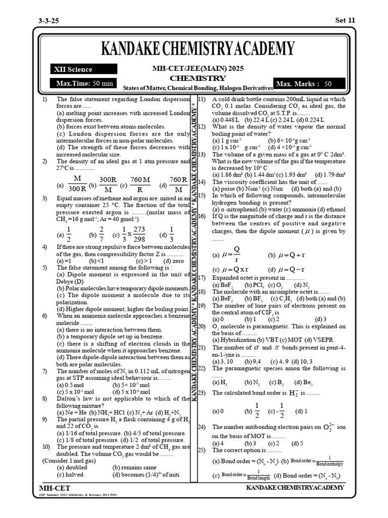 States of Matter, Chemical Bonding, HDA (3!3!25) CET) | PDF | Chemical ...