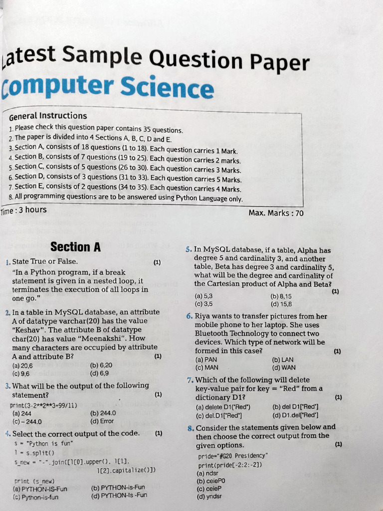 Cs Sample Paper CBSE | PDF | Computer Programming | Computing