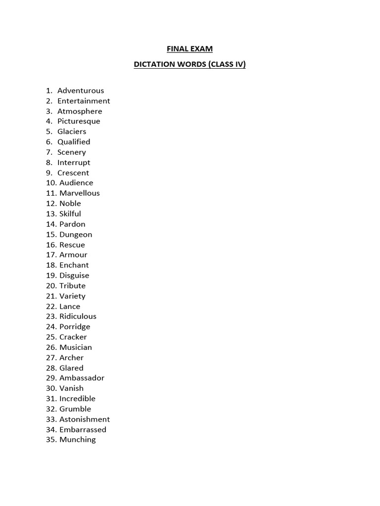 Class IV Final Exam Dictation Words | PDF