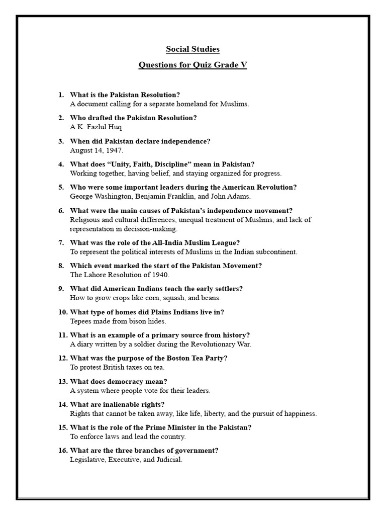 Social Studies Quiz Questions Grade V | PDF | Pakistan | Map