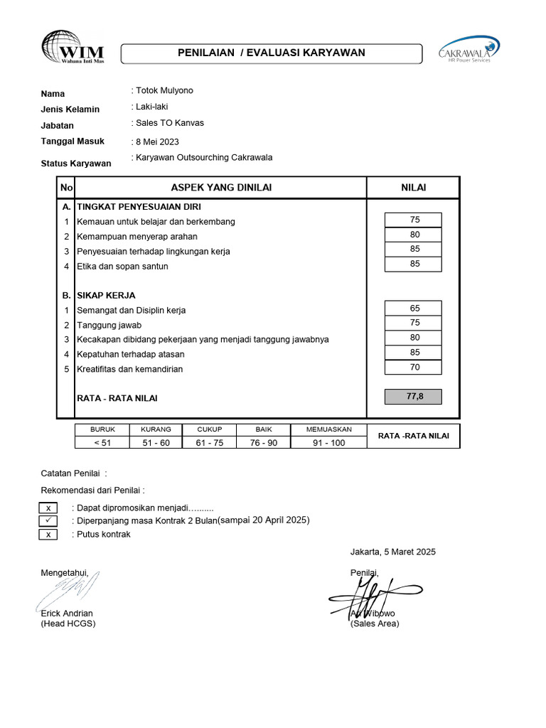 Penilaian Evaluasi Karyawan PKWT Roni Dan Totok-2 | PDF