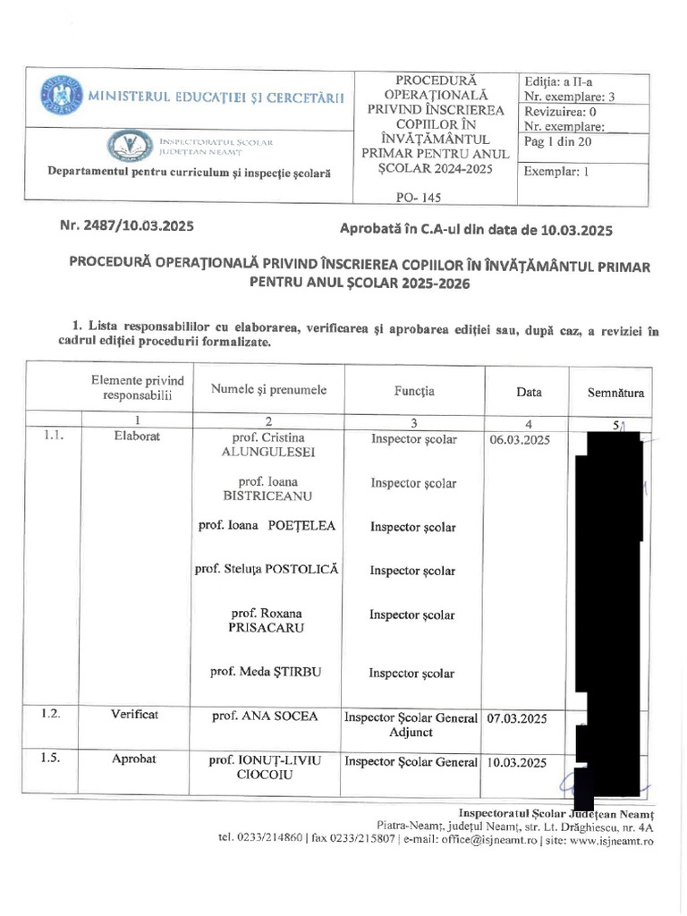 Procedura Operationala de Inscriere in Invatamantul Primar 2025 2026 | PDF