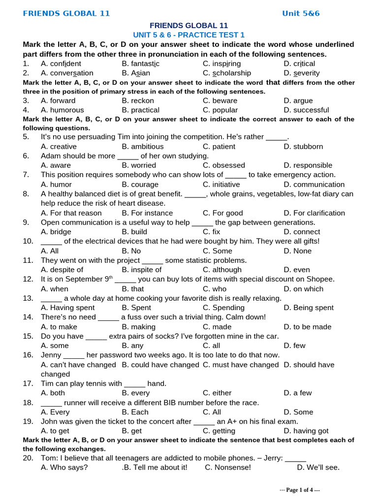 Practice Test for Friends Global 11 | PDF | Helen Keller