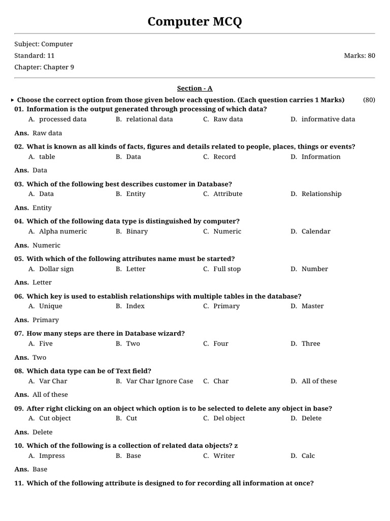 STD-11-Computer MCQ-Eng Med | PDF | Databases | Relational Model