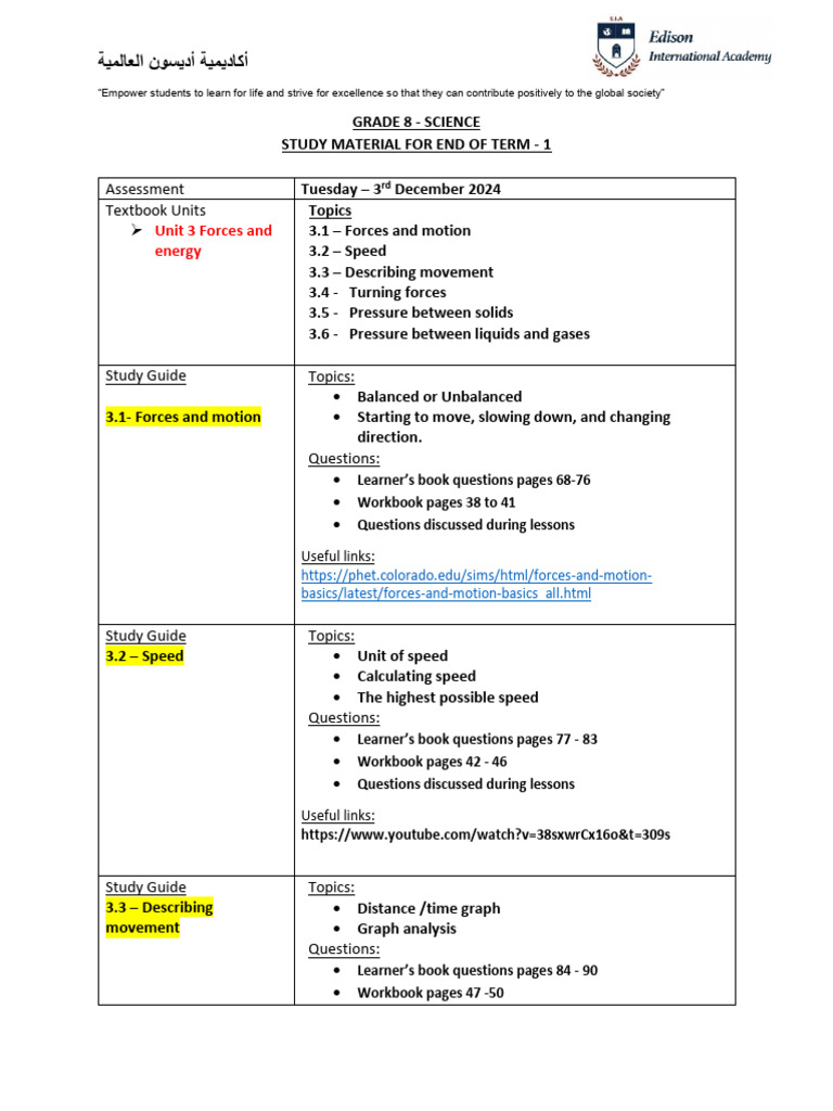 Y8 Science Study Material - EOT 1 | PDF | Pressure | Applied And ...