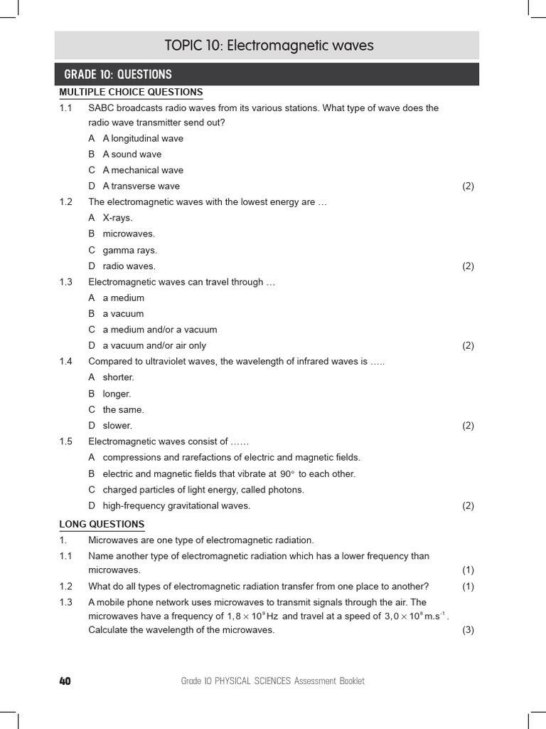 Grade 10 Electromagnetic Waves Assessment | PDF | Electromagnetic ...