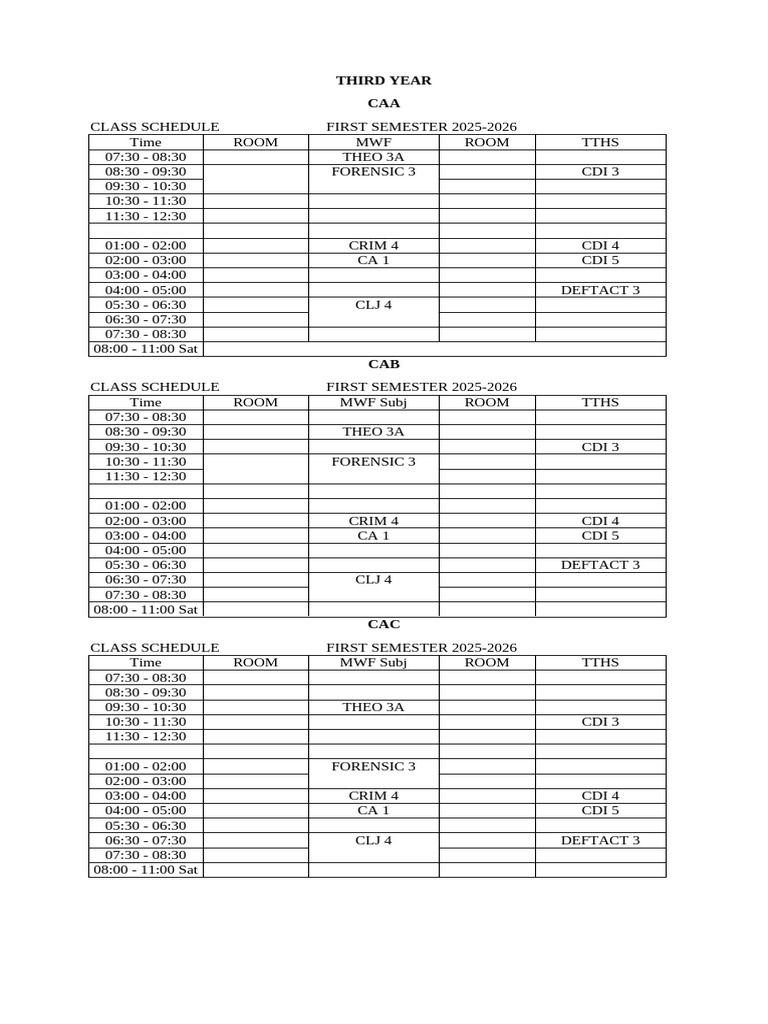 2025-2026 3rd Year Class Schedule | PDF