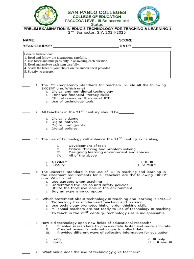 Prelim Exam in Educ 5 | PDF | Educational Technology | Learning