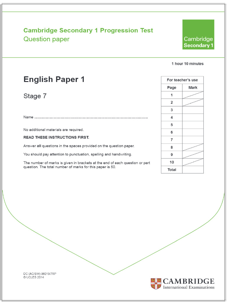 English Paper 1 Stage 7 Cambridge Secondary 1 Progression Test ...