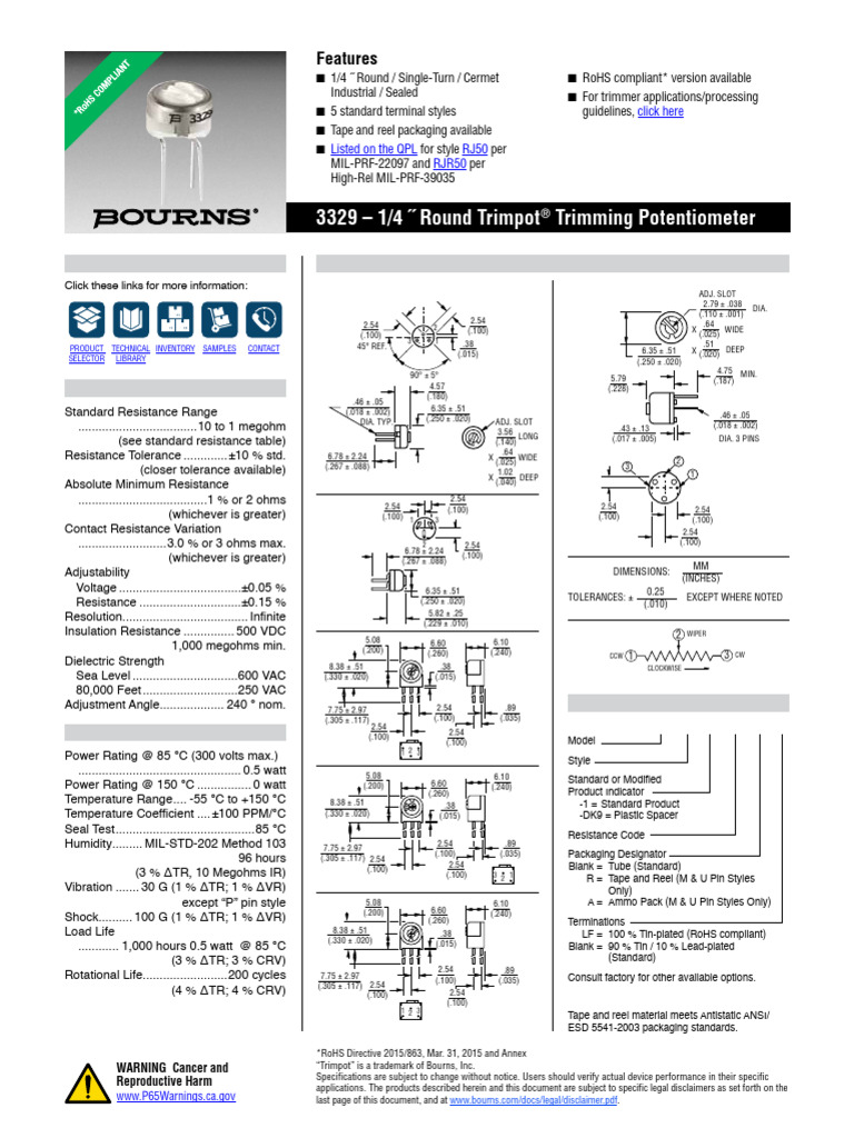 Bourns - Trimpot Trimming Potentiometer 3329 Series | PDF | Electricity ...
