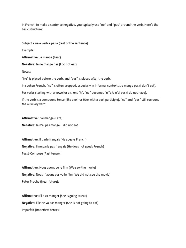 Negative Sentence French | PDF