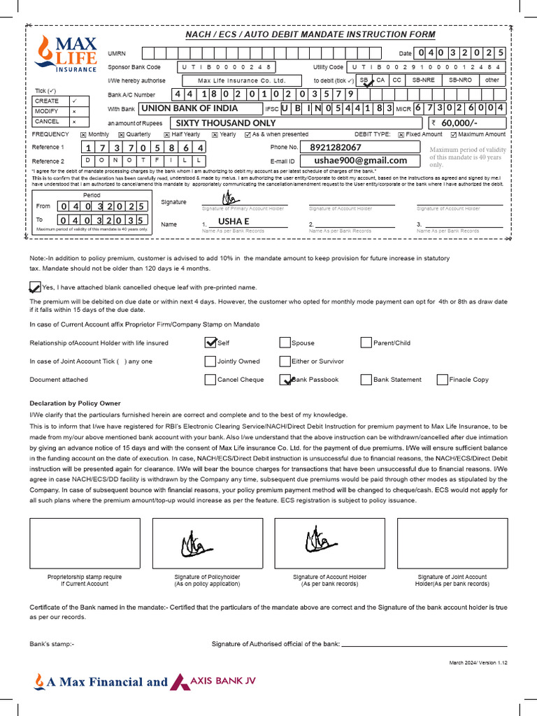Nach ECS Direct Debit Mandate Instruction Form | PDF | Insurance | Banks