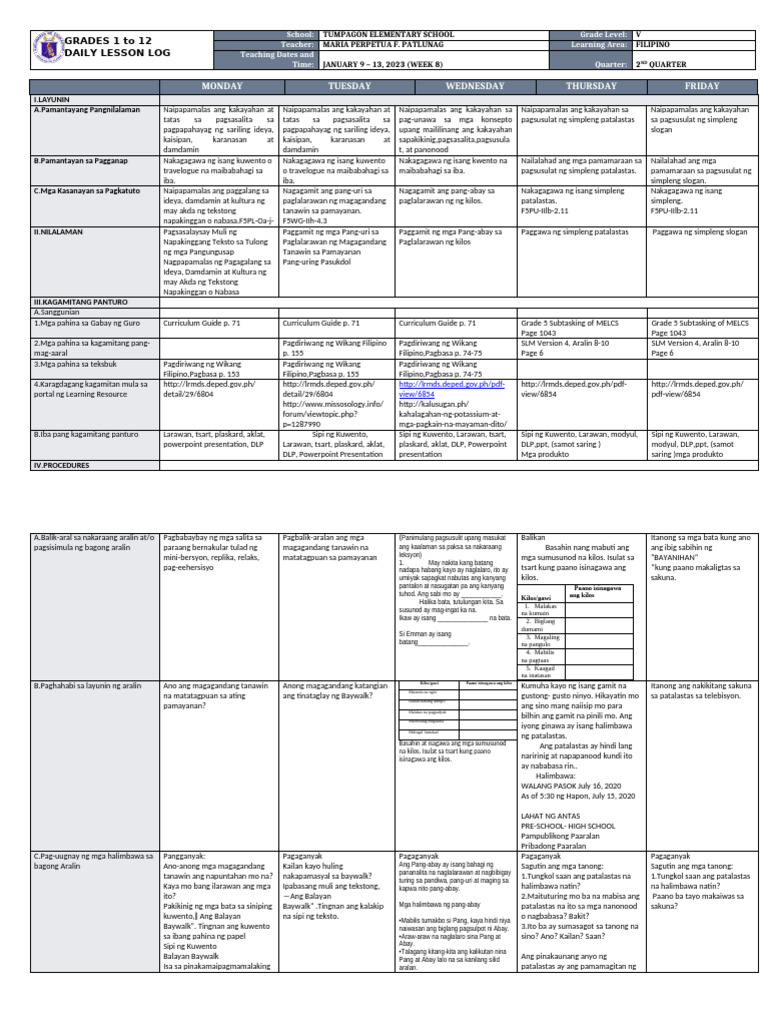 Cot1-Dll - Filipino 5 - Q2 - W8 | PDF