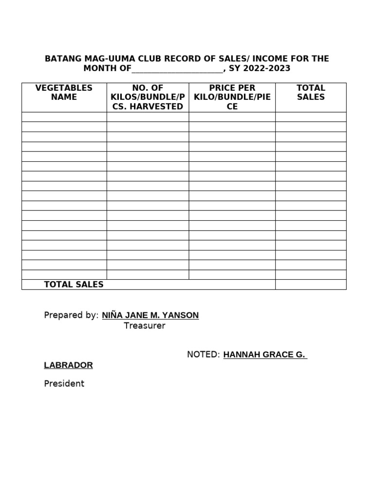 Record of Sales Income | PDF