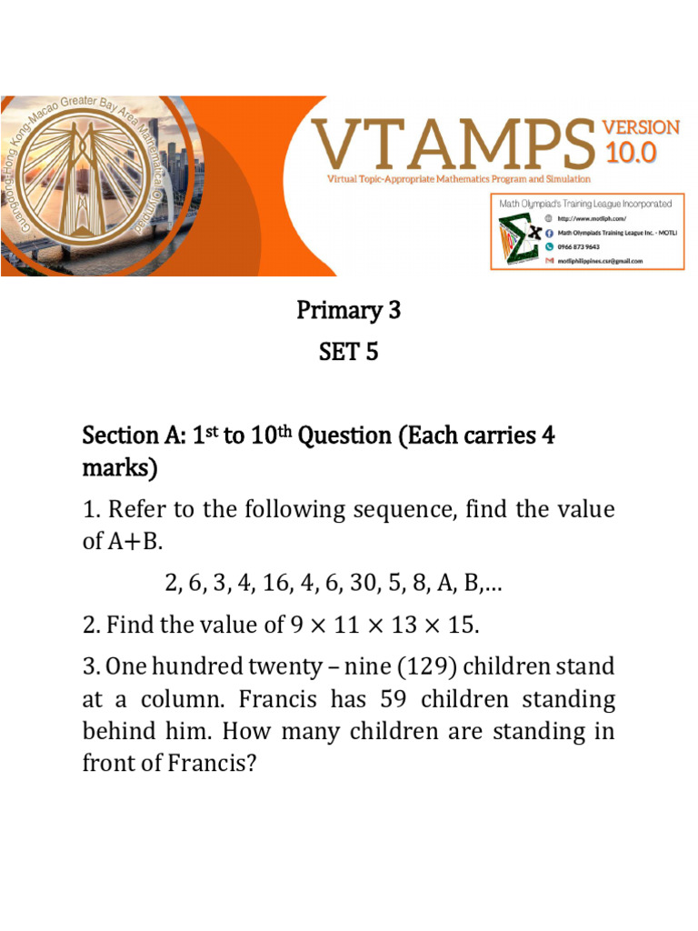 VTAMPS 10.0 Primary 3 Set 5 | PDF | Multiplication | Mathematics