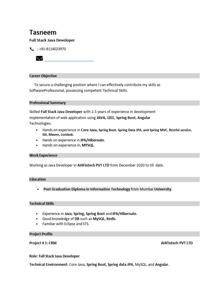 ResumeTasneemKhan | PDF | Java (Programming Language) | Software