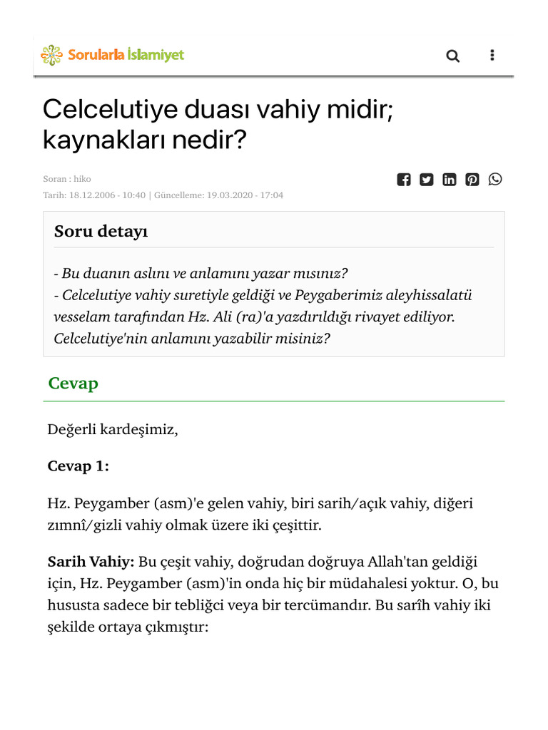 Celcelutiye Duası Vahiy Midir Kaynakları Nedir Sorularla İslamiyet | PDF
