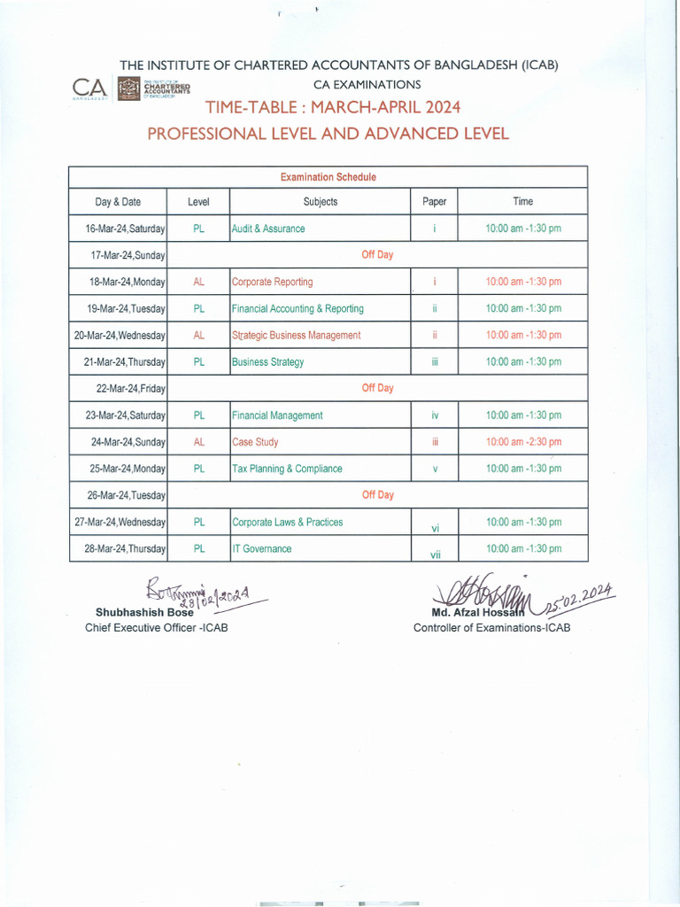 1074time Table of Professional Level and Advanced Level Examination ...