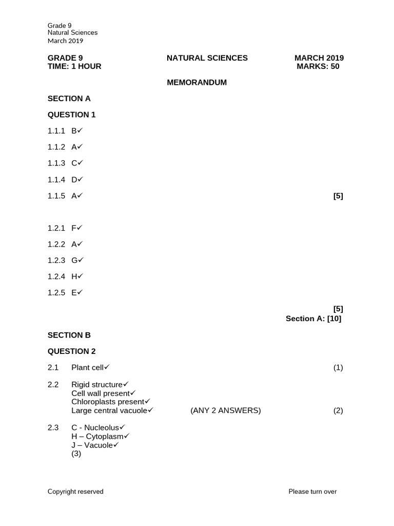 Grade 9 Natural Sciences March 2019 MEMO 1580111820 | PDF | Digestion ...