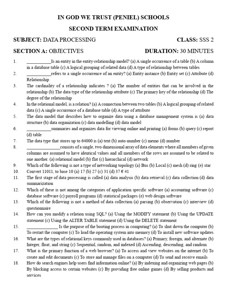 Data Processing SSS 2 2nd Term Q | PDF | Databases | Relational Database