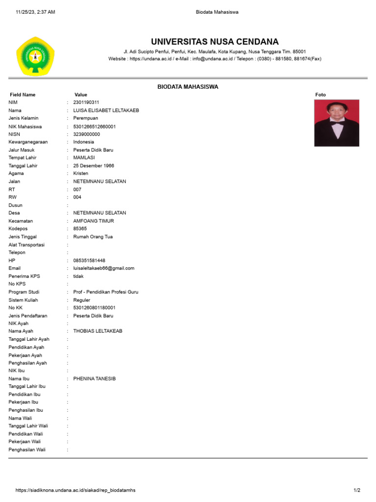 Biodata Mahasiswa | PDF